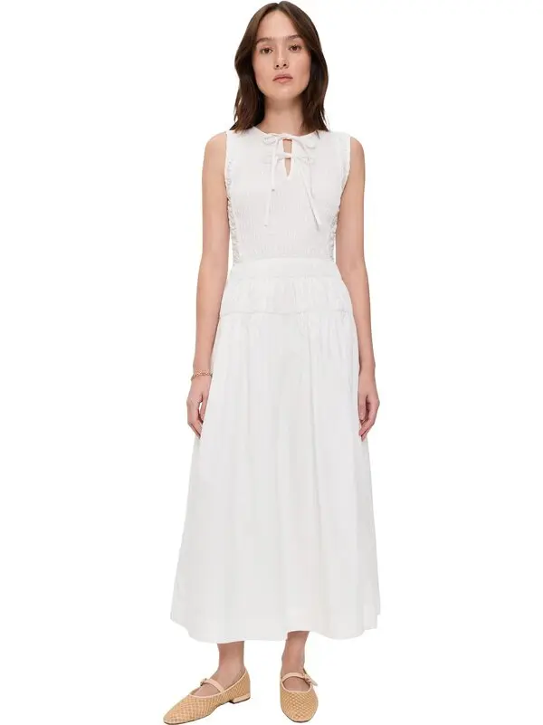 Moon River Smocked Shirred Midi Dress - White
