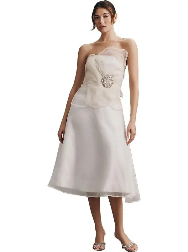Bhldn Organza 3d Floral Appliqué Strapless Midi Dress - White Dahlia