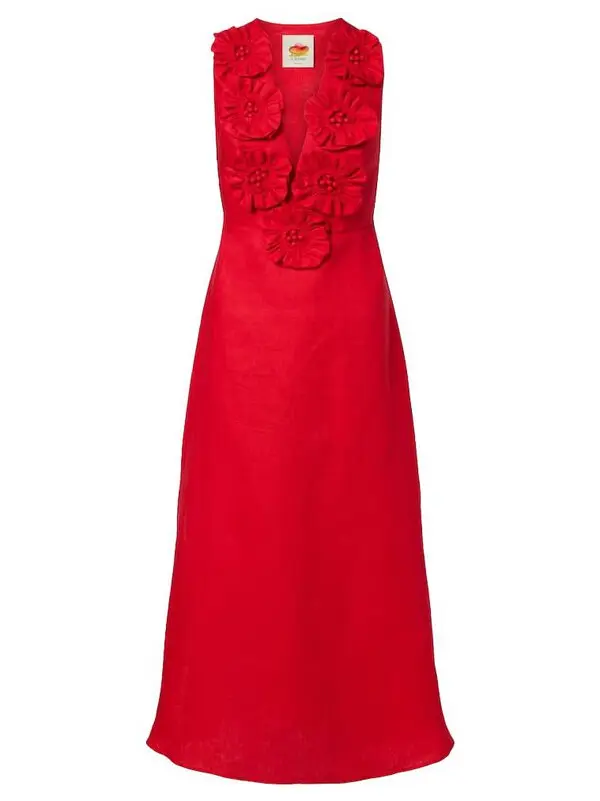 Farm Rio Floral-appliqué Halterneck Linen Midi Dress - Red
