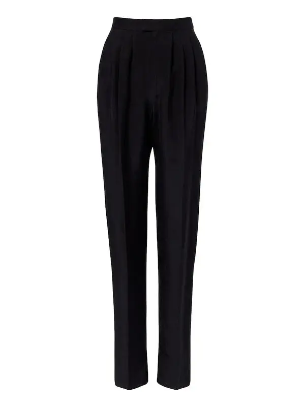 Saint Laurent Pleated Straight Silk Pants - Black