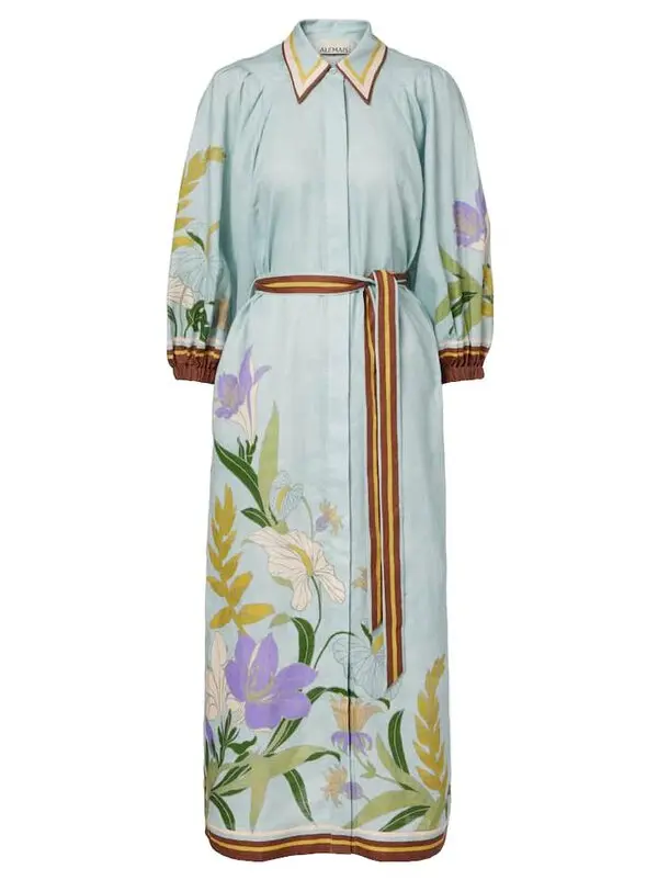 ALEMAIS Belted Floral Linen Shirt Dress - Blue