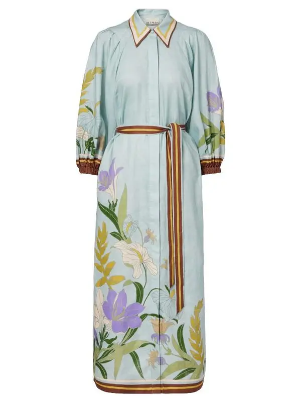 ALEMAIS Belted Floral Linen Shirt Dress - Blue