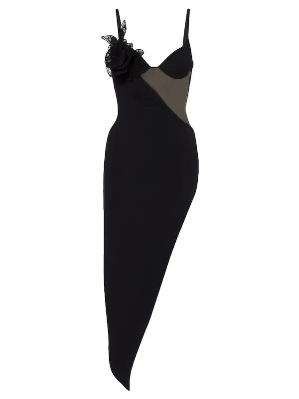 David Koma Asymmetric Cutout Floral-appliqué Midi Dress - Black