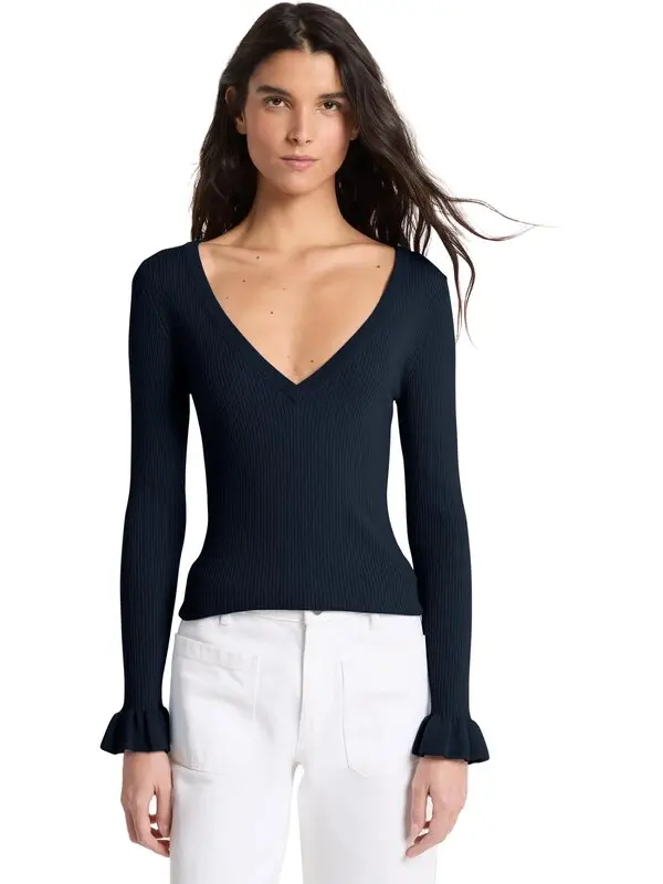Michael Kors Ribbed Wool Blend V-neck Sweater With Ruffled Cuffs - Blue