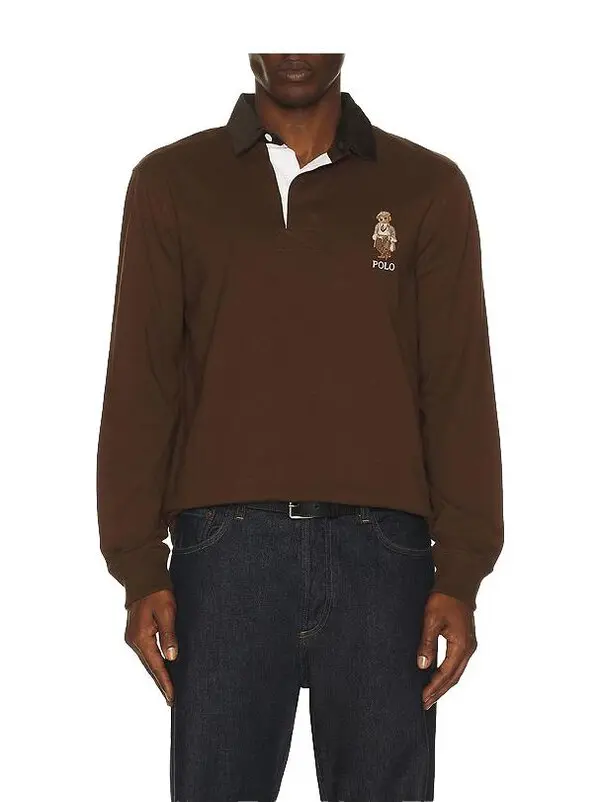 Polo Ralph Lauren Long-sleeve Jersey Knit Novelty Bear Rugby Polo W/ Cord Collar In Brown - Branch Brown