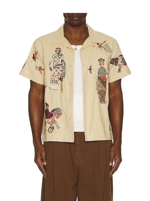 SAMUEL ZELIG Collage Camp Shirt In Beige - Natural Tint