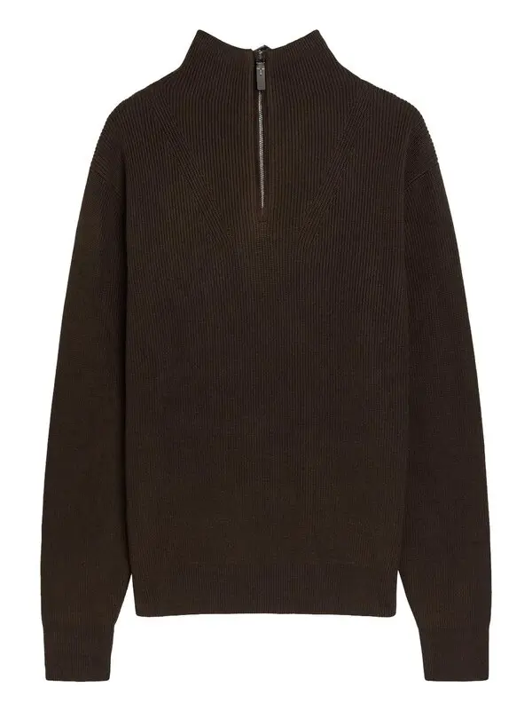TOD'S Ribbed Half-zip Silk And Cotton-blend Jumper - Brown