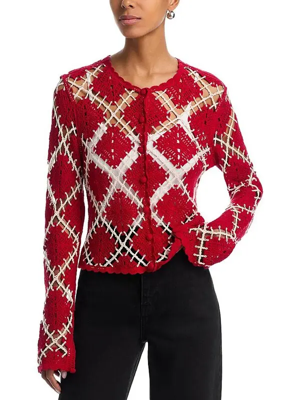 FRAME The Crochet Diamond Cardigan Sweater - Cherry Red