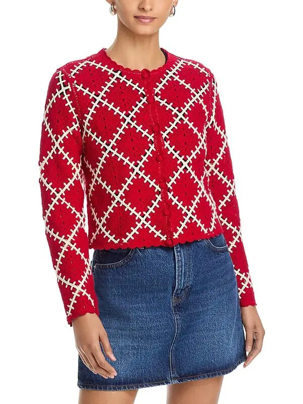 FRAME Crochet Diamond Cardigan Sweater - Cherry Red