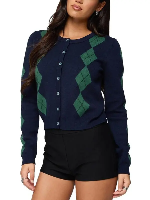 EDIKTED Farren Argyle Cardigan - Navy