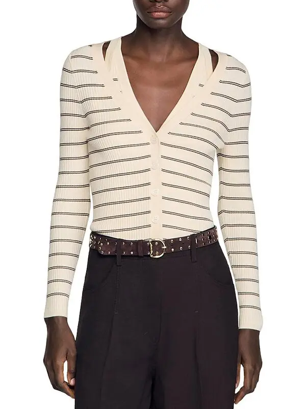 Sandro Gabri Stripe Rib Knit Cardigan - Excru / Brown