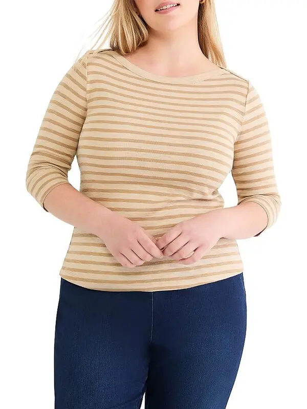 NIC+ZOE Stripe Three Quarter Sleeve Boat Neck Tee - Neutral Multi