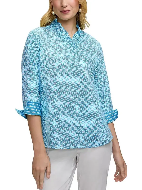 Foxcroft Tammy Geo Lattice Print Top - Blue/ White