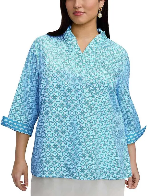 Foxcroft Tammy 3/4 Sleeve Geo Lattice Shirt - Blue/ White
