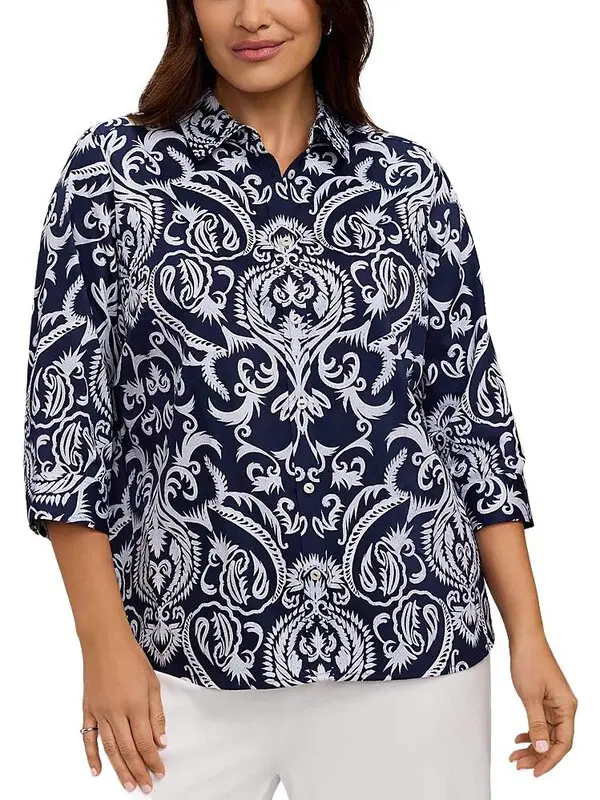 Foxcroft Hampton Damask Shirt - Navy/ White