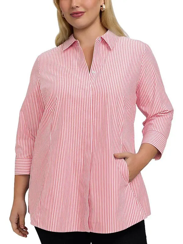Foxcroft Cici 3/4 Sleeve Stripe Shirt - Coral Reef