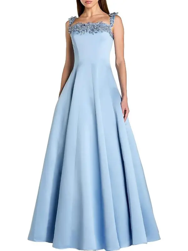 Mac Duggal Satin Beaded Ballgown Off-the-shoulder - Slate Blue