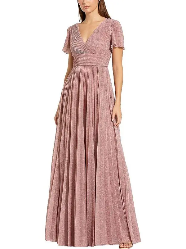 Mac Duggal Pleated Metallic Flutter Sleeve A-line Gown - Dusty Rose
