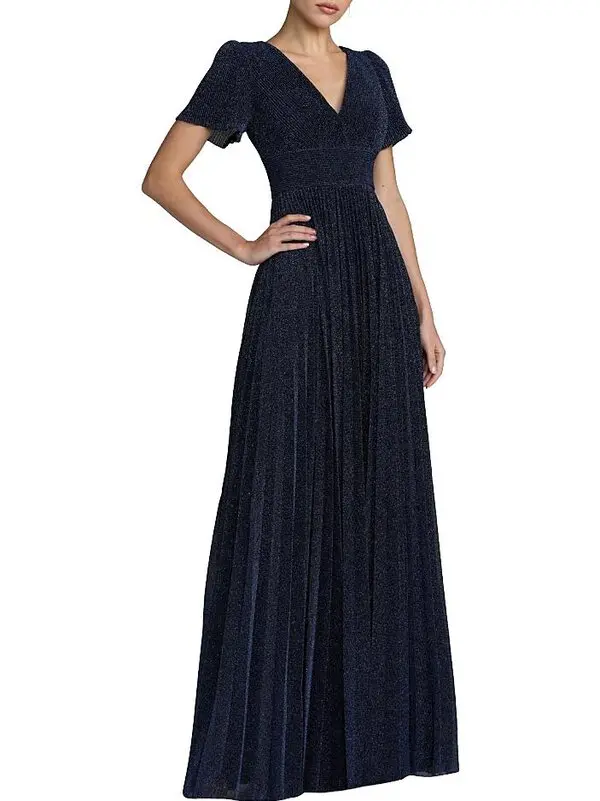 Mac Duggal Pleated Metallic Flutter Sleeve V-neck A-line Gown - Midnight