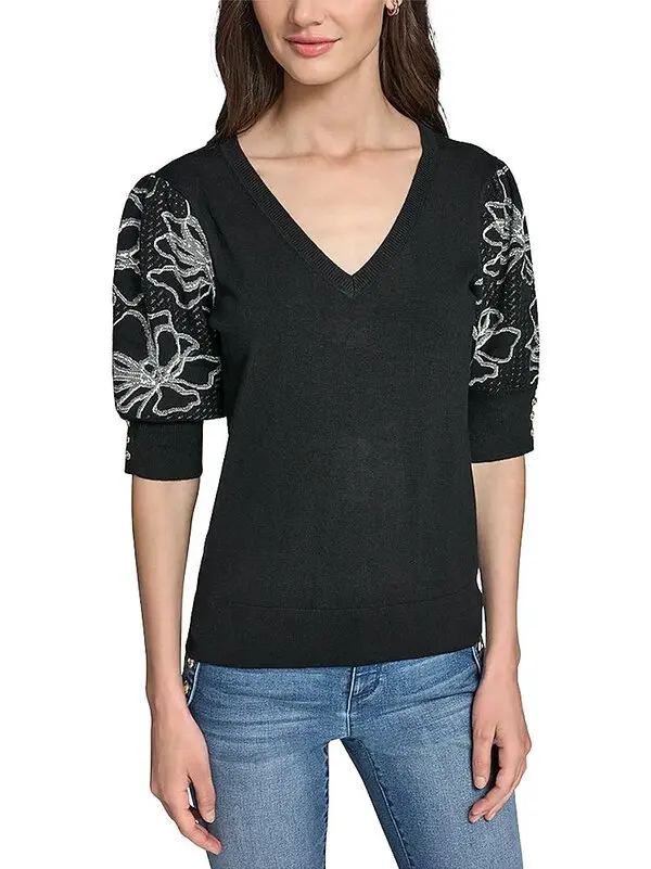 Karl Lagerfeld Floral Short Sleeve Sweater - Black