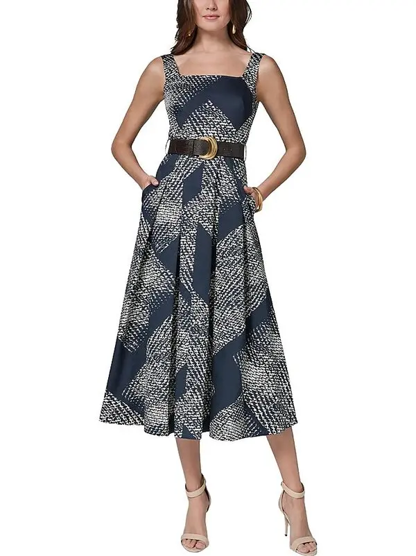 Donna Karan New York Printed Square Neck Belted Midi Dress - Nightfall