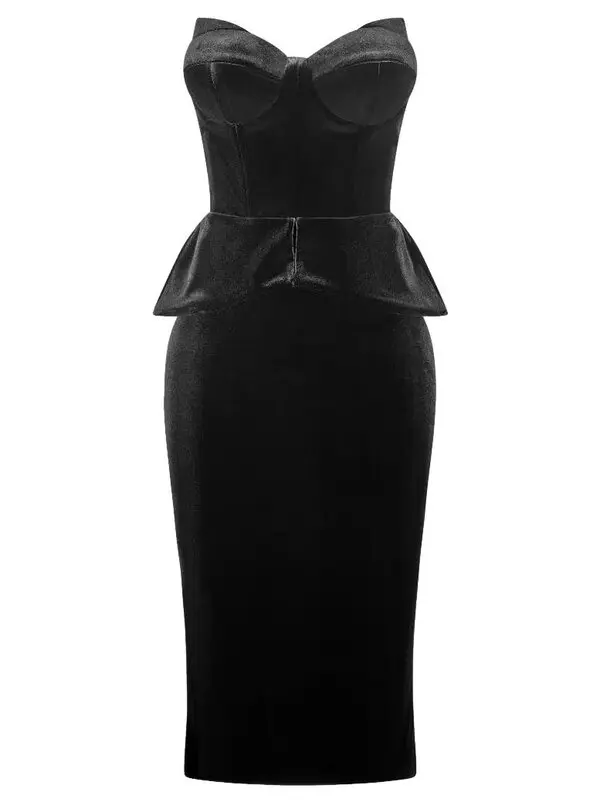IMROSKA Velvet Peplum Strapless Midi Dress - Black