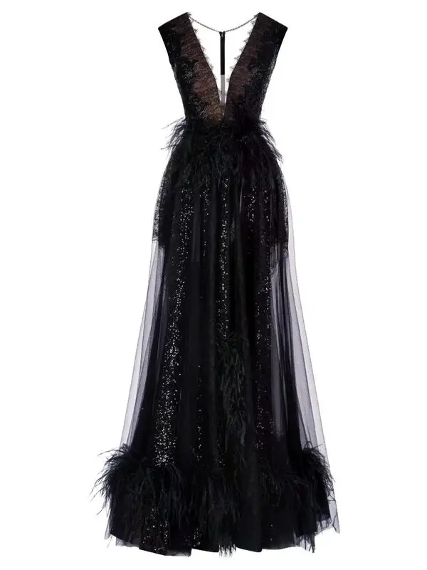 IMROSKA Onyx Lace Feather-trim Maxi Dress - Black