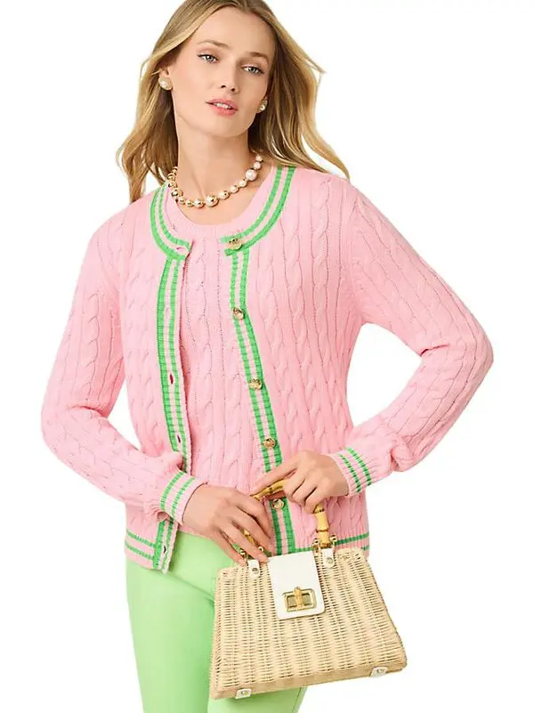 LILLY PULITZER Brockton Cabled Cardigan - Conch Shell Pink X Jackfruit Green Tipping