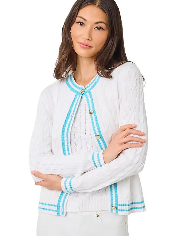 LILLY PULITZER Brockton Cabled Cardigan - Resort White X Capri Blue Tipping