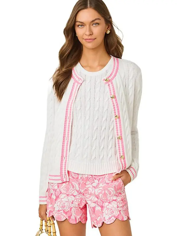 LILLY PULITZER Brockton Cabled Cardigan - Resort White X Conch Shell Pink Tipping