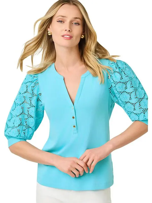 LILLY PULITZER Ronson Eyelet Knit Top - Capri Blue