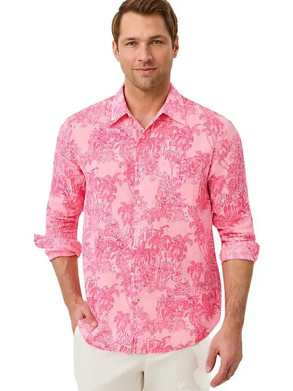 LILLY PULITZER Stuff Addison Button Down Shirt - Conch Shell Pink Palm Beach Destination