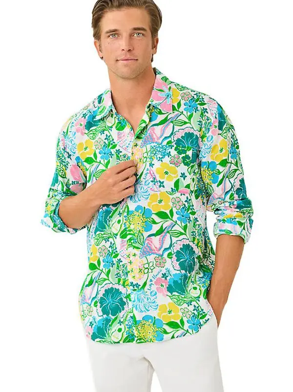 Lilly Pulitzer® Stuff Addison Button Down Linen Shirt - Multi Hawaii Destination