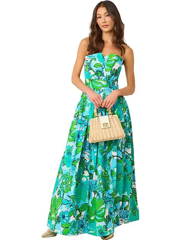 LILLY PULITZER Ivella Strapless Maxi Gown - Capri Blue Rousseaus Roses Overlay