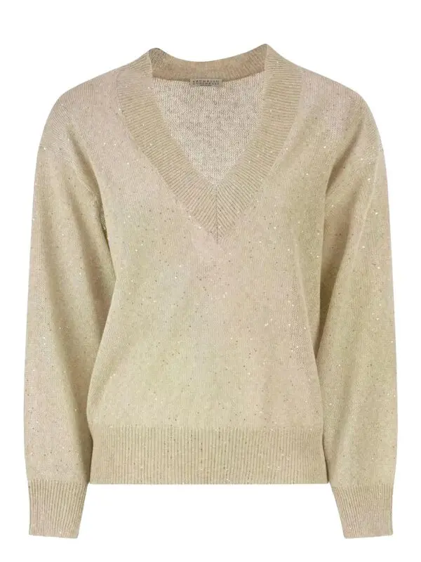 Brunello Cucinelli Sequin-embellished V-neck Sweater - Neutrals