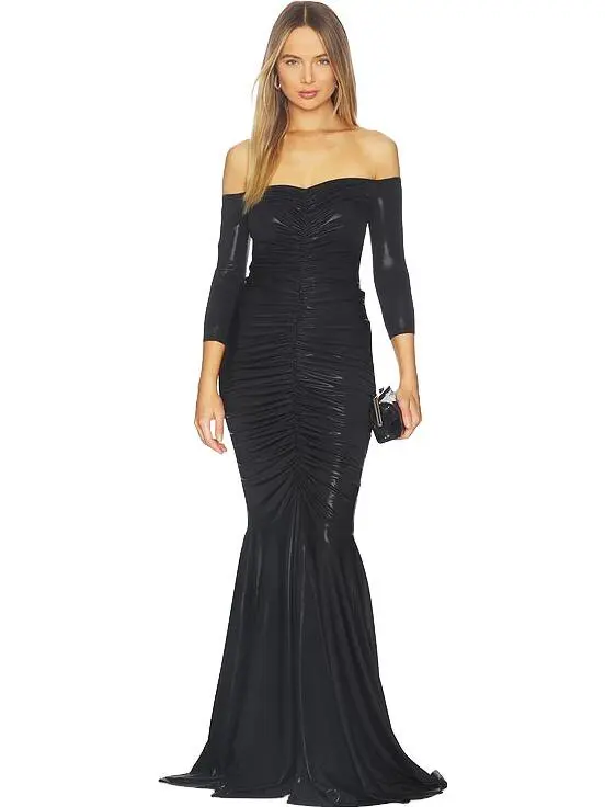 Norma Kamali Off Shoulder Shirred Front Fishtail Gown - Black