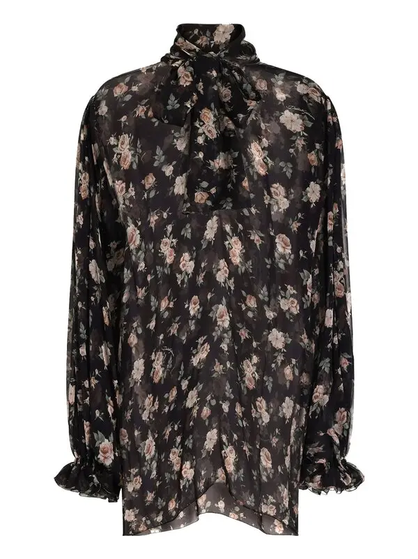 Dolce & Gabbana Vintage Rose Print Tie-neck Top - Multicolour