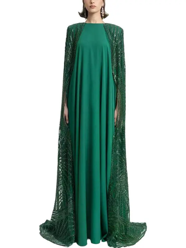 GEMY MAALOUF Beaded Cape Sleeves Maxi Kaftan - Green