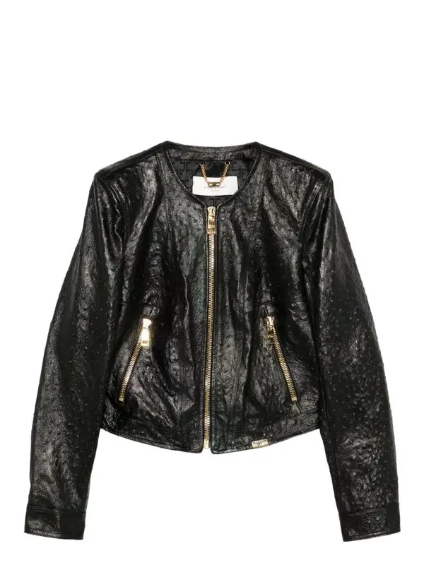 Elisabetta Franchi Leather Textured Zip Jacket - Black