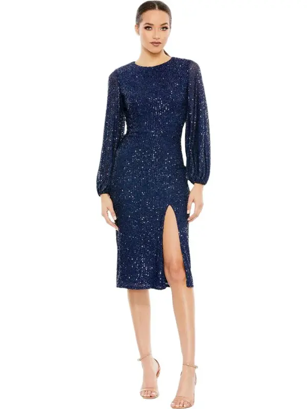 Mac Duggal Sequin Cocktail Dress With Puff Sleeves - Midnight