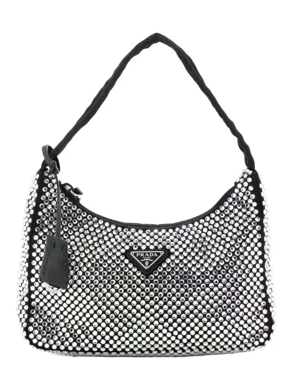 Prada Re-edition 2000 Crystal Embellished Satin Mini Hobo Bag - Black