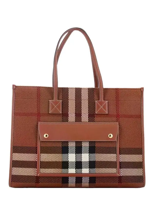 Burberry Freya Shopping Check Canvas With Leather Medium Tote Bag - Brown