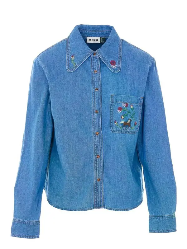 Rixo Edaline Embroidered Long-sleeve Shirt - Blue