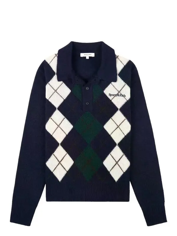 SPORTY & RICH Argyle Intarsia Polo Top - Blue