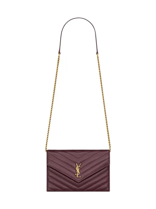 Saint Laurent Cassandre Envelope Chain Wallet In Grain De Poudre Leather In Bordeaux - Rouge Cabernet