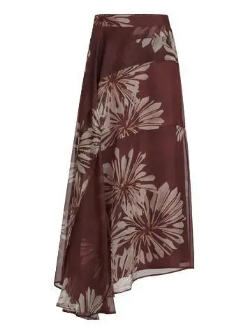Brunello Cucinelli Bloom Print Asymmetrical Silk Organza Skirt - Bordeaux