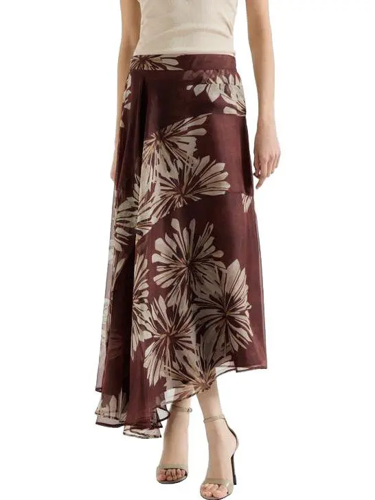 Brunello Cucinelli Bloom Print Asymmetrical Silk Organza Skirt - Bordeaux