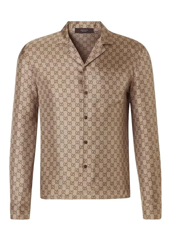 Gucci Gg Printed Silk Twill Shirt - Beige