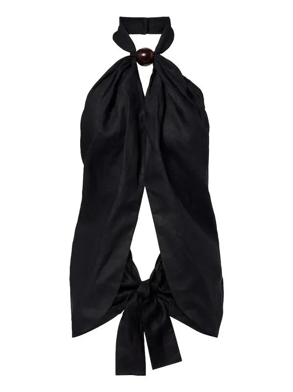 Faithfull The Brand Biba Embellished Halterneck Linen Top - Black