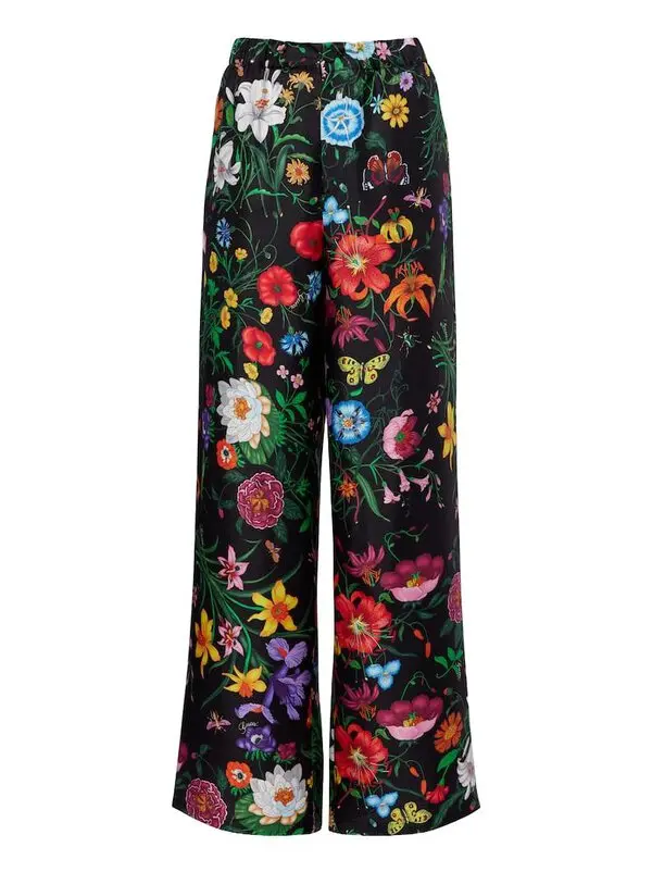 Gucci Floral Silk Twill Wide-leg Pants - Black